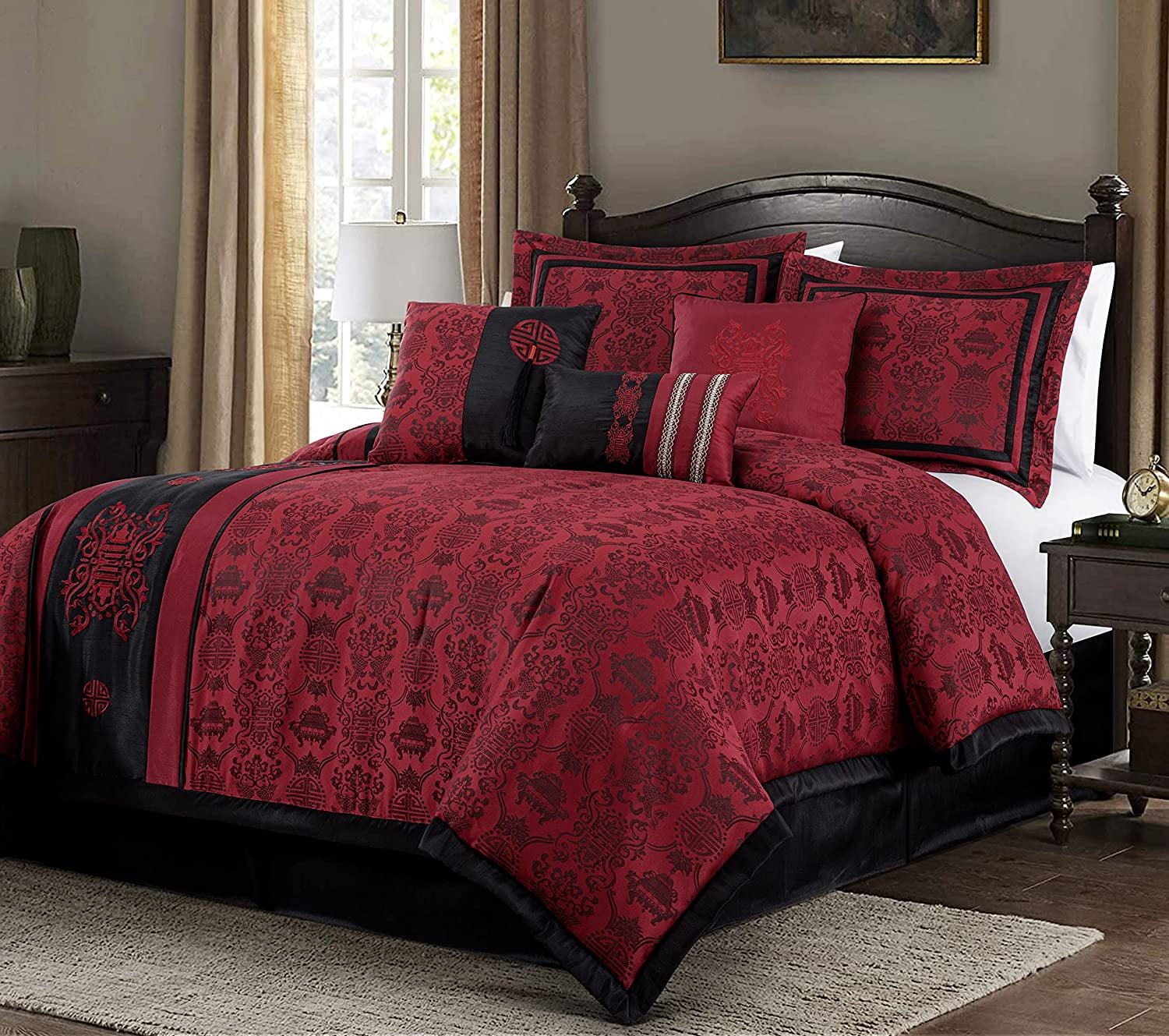 Chezmoi Collection Tai 7-Piece Red Black Oriental Traditional Jacquard ...