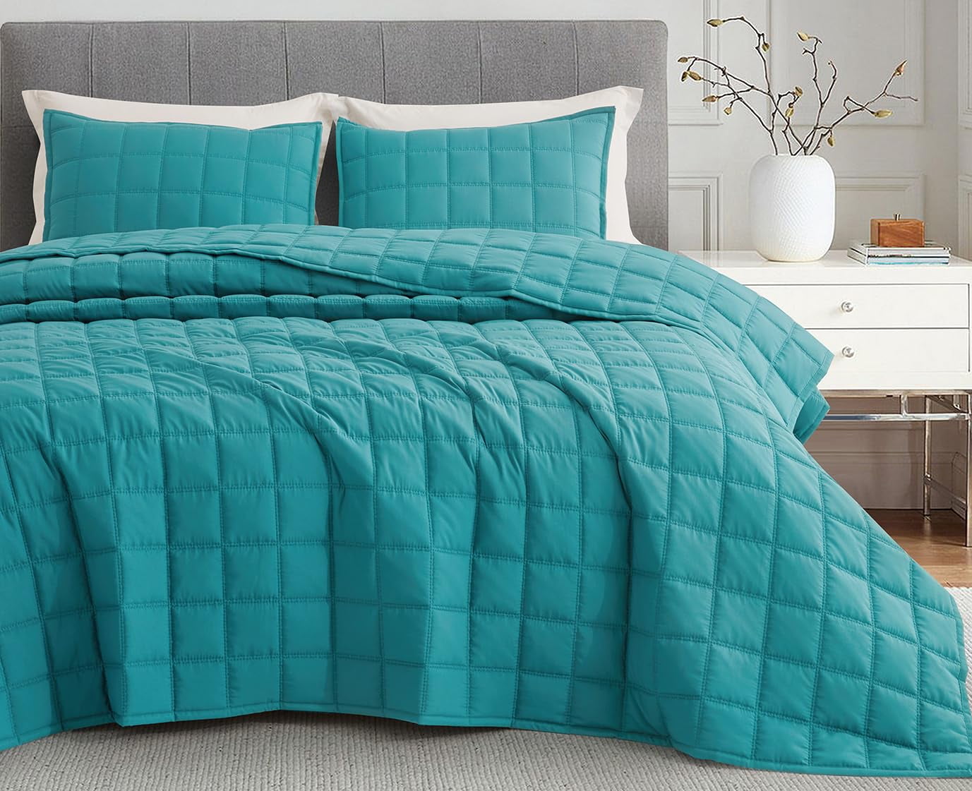 Chezmoi Collection Tencel Modal Blend Quilt Set Queen Size, Teal, Lightweight Soft Bedspread ...