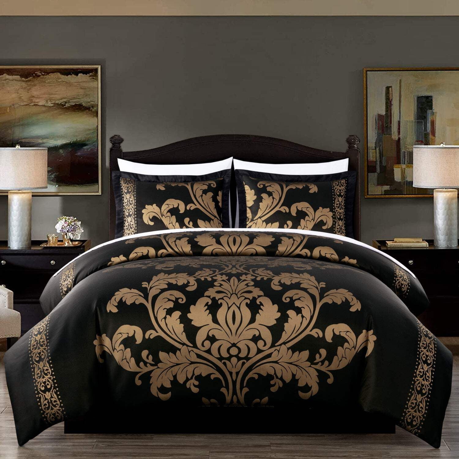 Chezmoi Collection Valor 7-Piece Queen Bed in a Bag, Black/Gold Luxury ...
