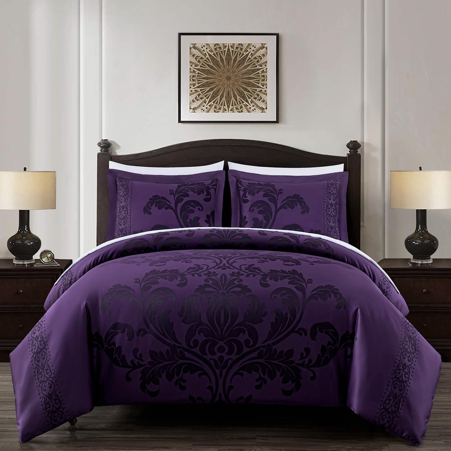 Chezmoi Collection Valor 7-Piece Bed in a Bag Queen, Purple/Dark Purple Luxury Jacquard Floral ...