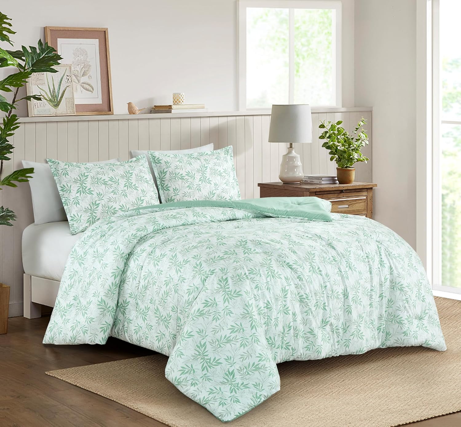 Chezmoi Collection Venus 3-Piece Floral Leaves Comforter Set Full, Green White Leaves Printed ...