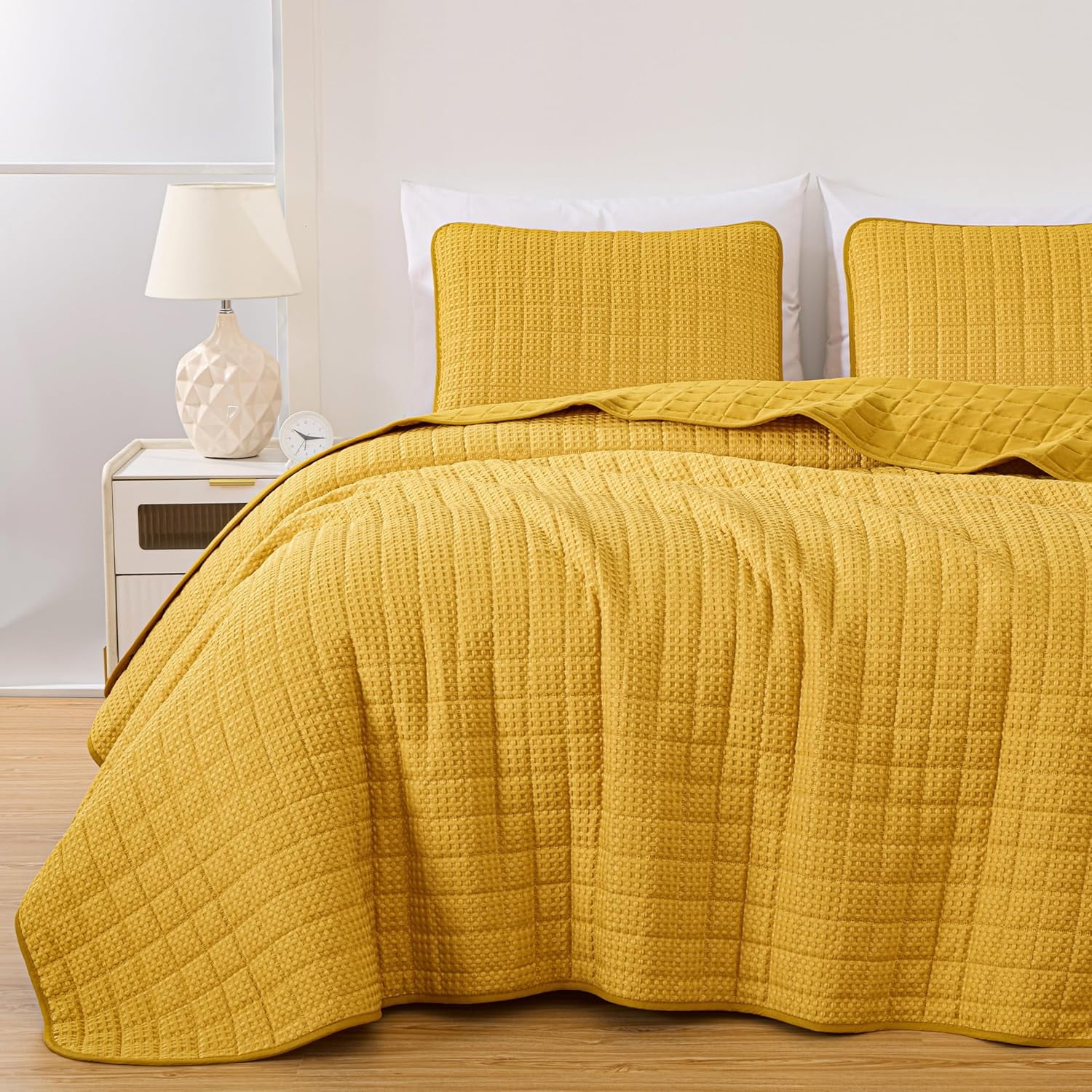 Chezmoi Collection Wilmer 3-Piece Waffle Quilt Set King Size, Gold ...