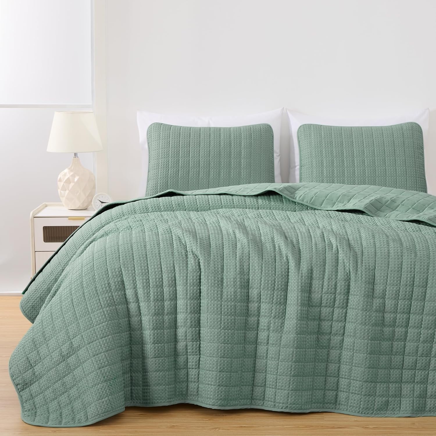 Chezmoi Collection Wilmer 3-Piece Waffle Quilt Set Queen Size, Sage ...