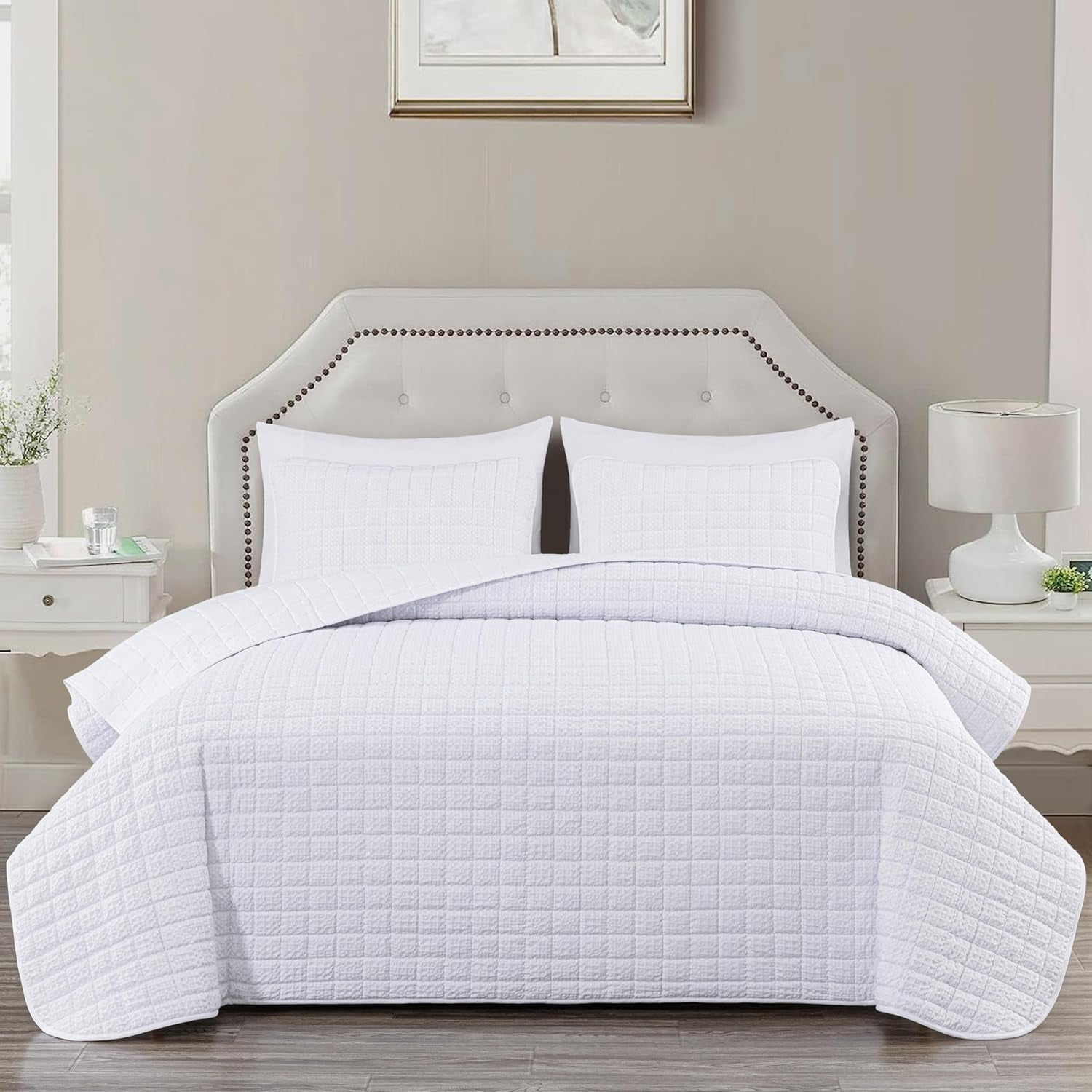 Chezmoi Collection Wilmer 3-Piece Waffle Quilt Set King Size, White ...