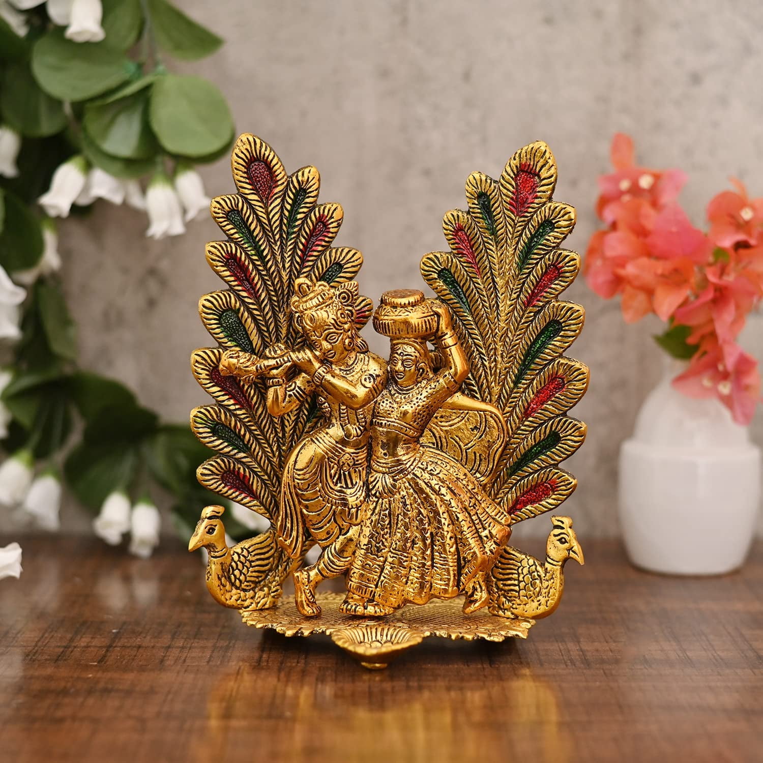 Chhariya Crafts Metal Radha Krishna Idol Statue with Diya Peacock ...