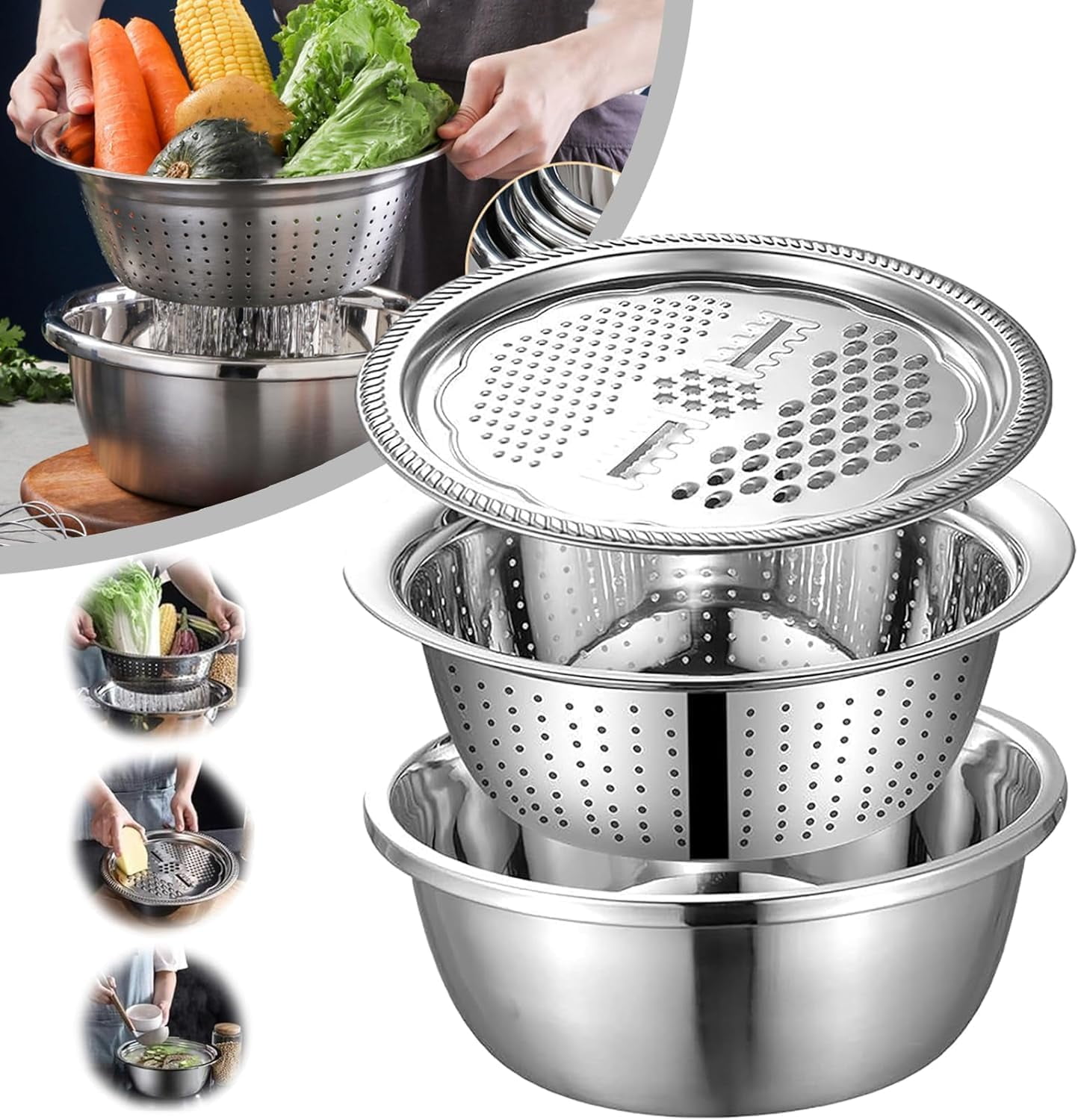 Chhogli Multifunctional Stainless Steel Thicken 3 in 1 Colanders Basin ...