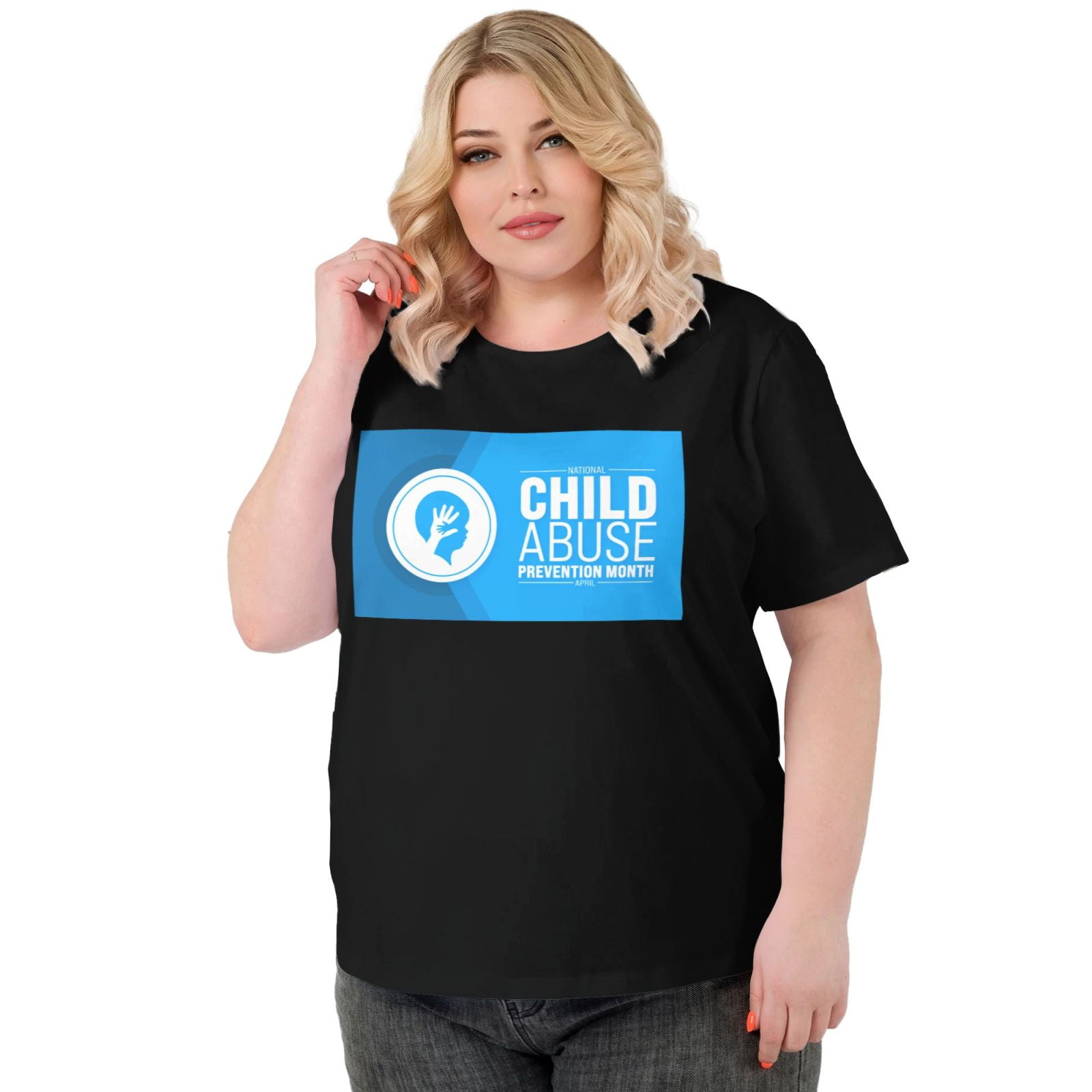 Chi-ld Abuse Prevention Awareness Month Blue Ribbon Women'S Plus-Size Short Sleeve Crew Neck Tee ...