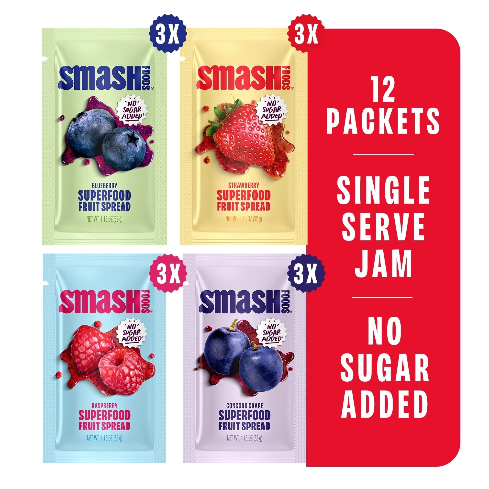 Smash Foods Single Serve Jam Packets, No Sugar Added, Variety 12 Count ...