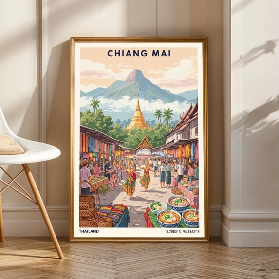 Chiang Mai Market Scene Poster: Vintage Gouache Southeast Asian Travel ...