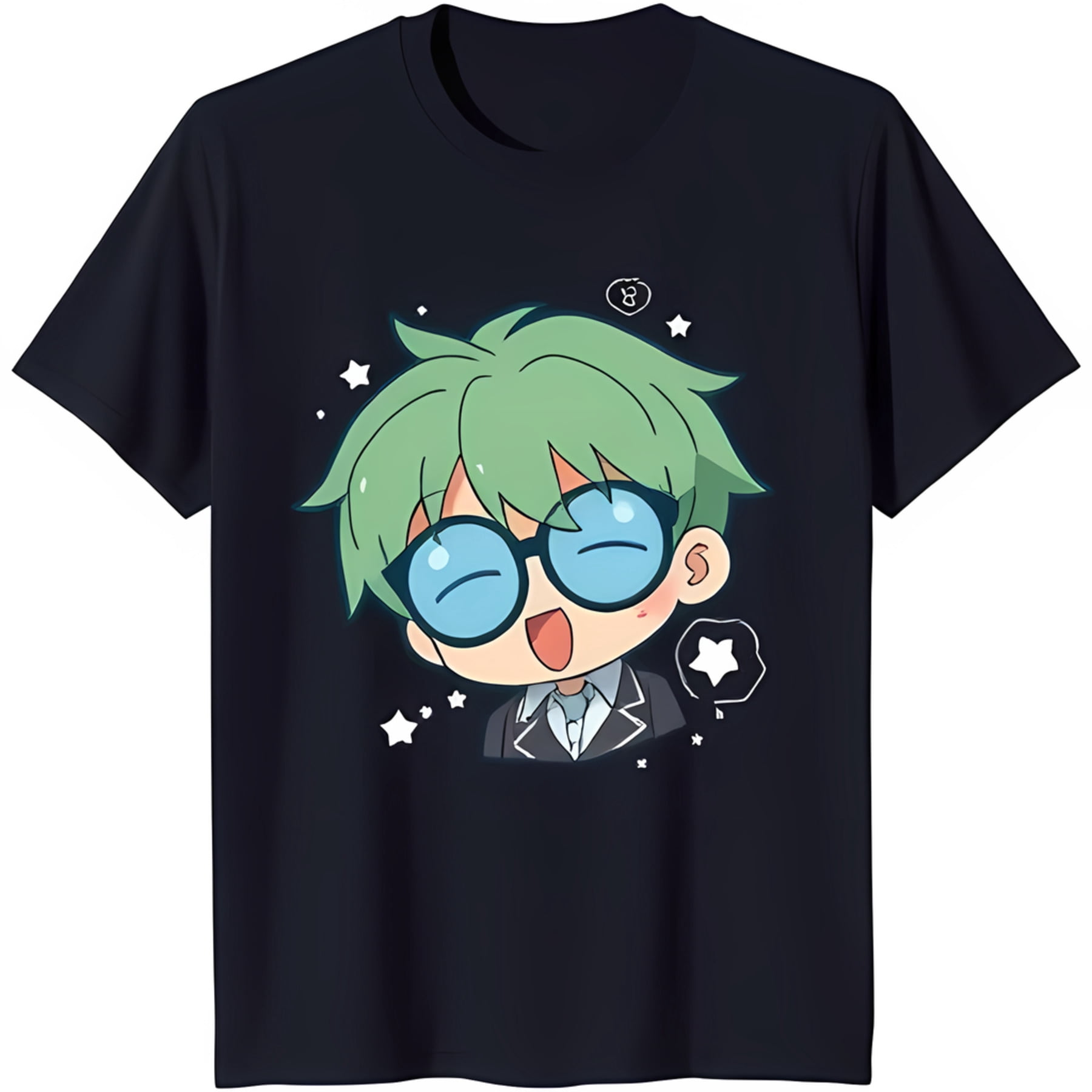 Chibi Anime Character T-Shirt Green Hair Glasses Suit & Tie Cute Design ...