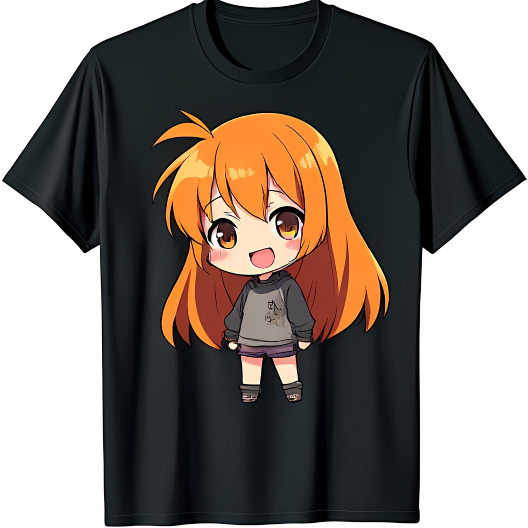 Chibi Anime Girl Black T-Shirt Cute Hair Smiling Design for Casual Wear ...