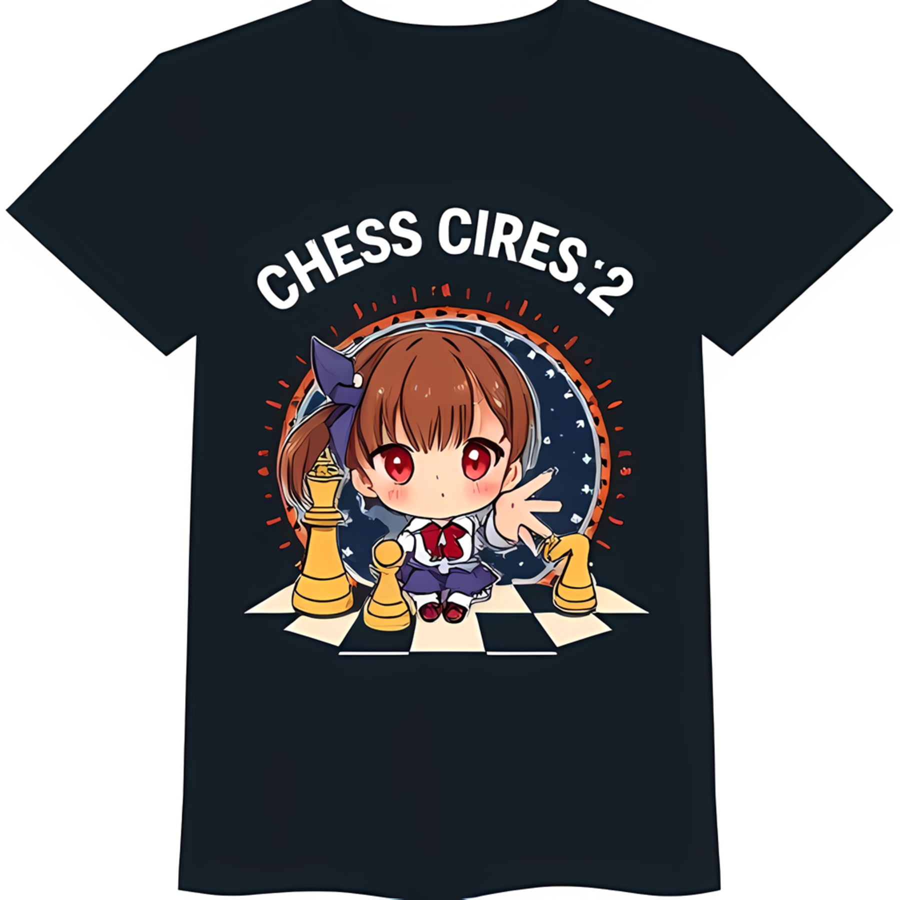 Chibi Anime Girl Chess Graphic Black T-Shirt Cute & Whimsical Design ...