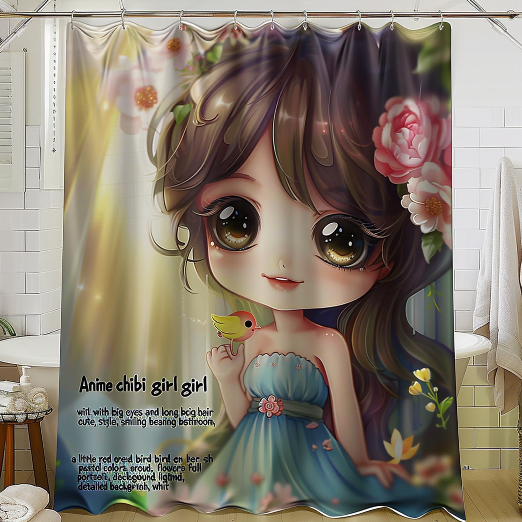 Chibi Anime Girl Shower Curtain Cute Cartoon Style with Pastel Colors ...
