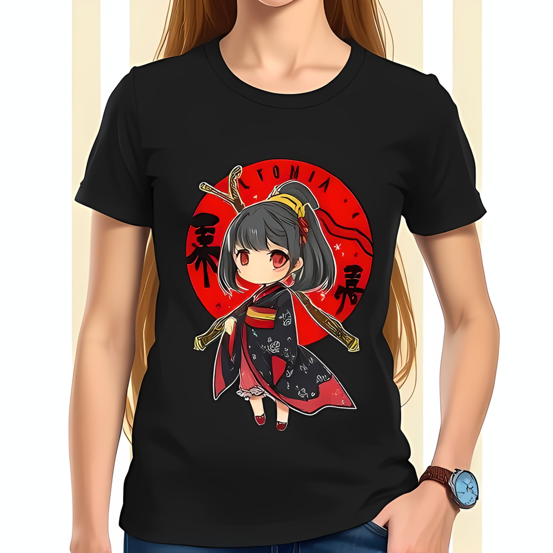 Chibi Anime Girl in Kimono T-Shirt - Black with Red Sun & Naginata ...