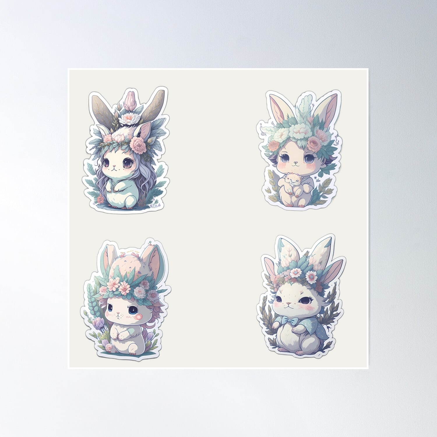 Chibi Baby White And Gray Sleeping Rabbit With Flower Crown Vintage ...