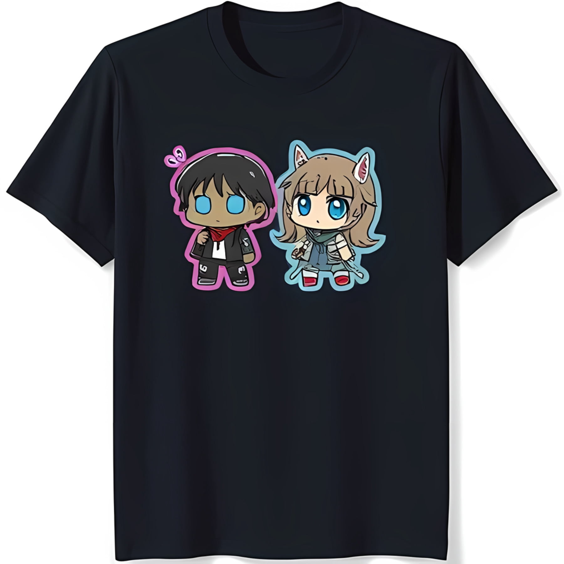 Chibi Cartoon Boy and Girl Black T-Shirt Cute Brown Hair Blue Eyes Red ...