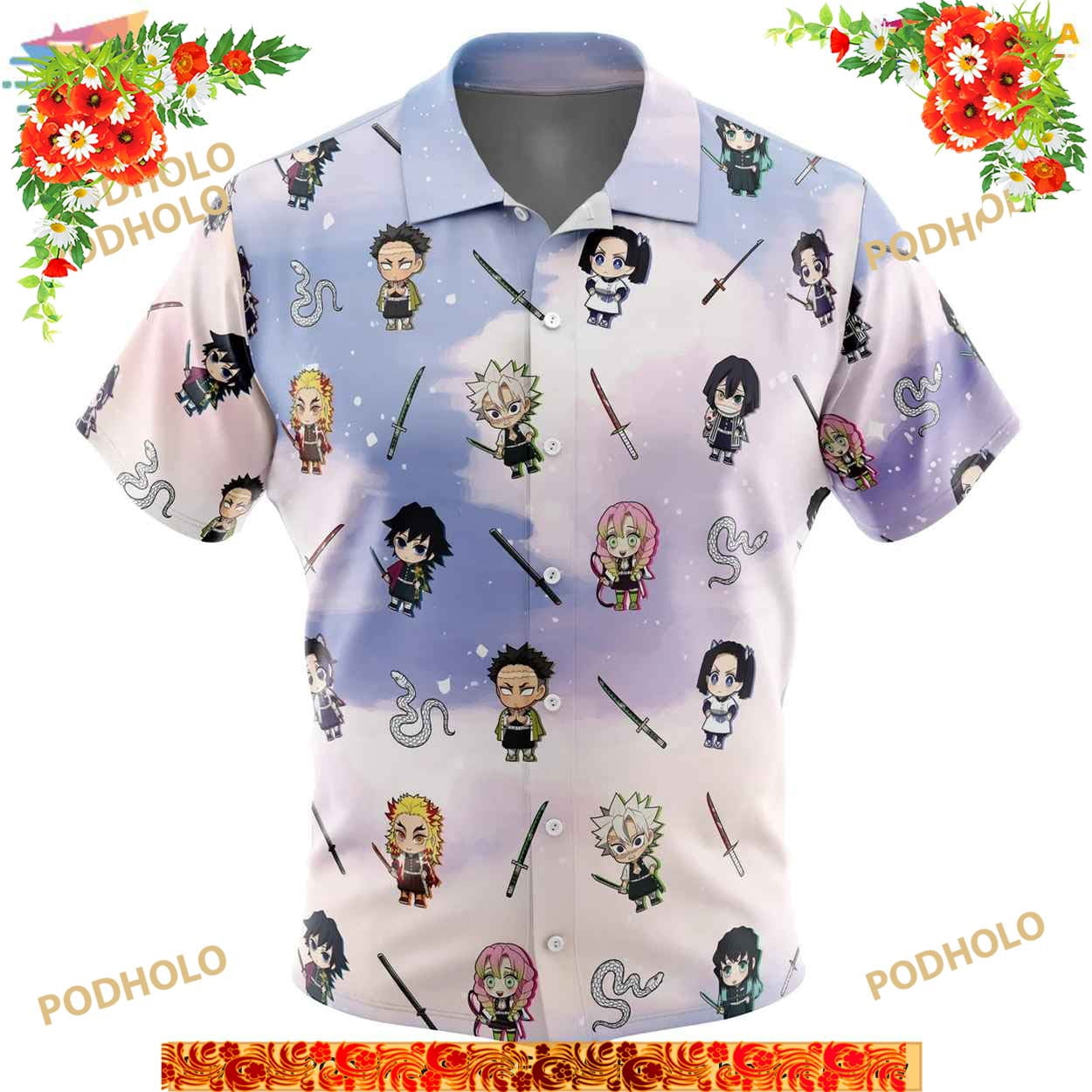 Chibi Demon Slayer Pattern Button Up Shirt, Hawaiian Style Anime Fan ...