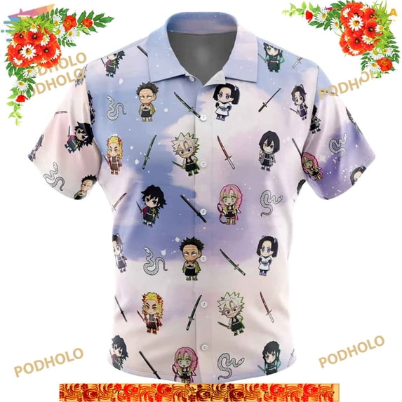 Chibi Demon Slayer Pattern Button Up Shirt, Hawaiian Style Anime Fan ...