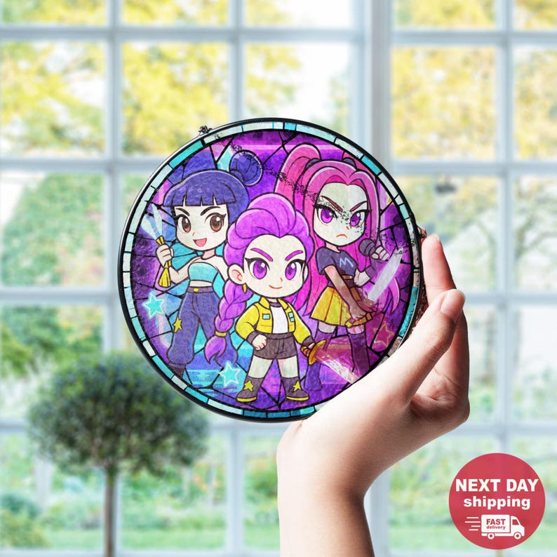 Chibi Girl Group Stained Glass Suncatcher, Kpop Demon Hunters Hun.trix ...