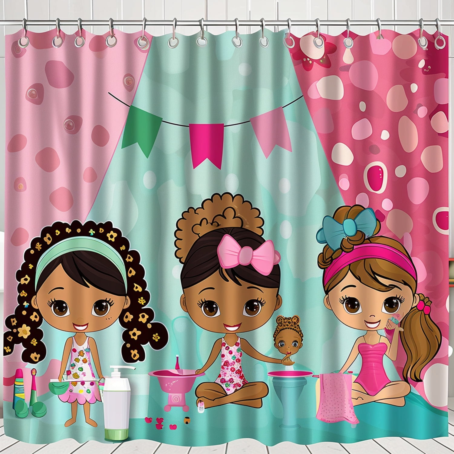 Chibi Girls Spa Day Shower Curtain Adorable Leopard Print Decor for ...