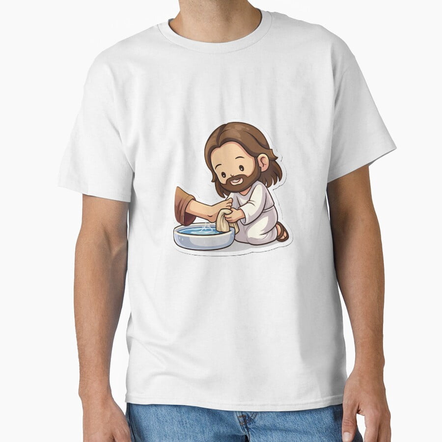 Chibi Jesus Washing Feet Cute Shirt, Casual Graphic Tee, Everyday Short ...
