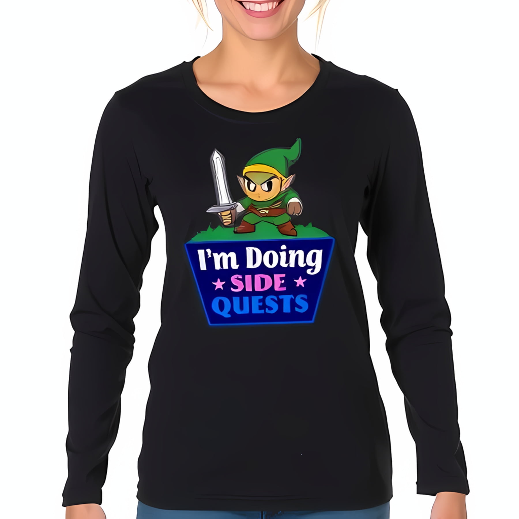 Chibi Link Long Sleeve T-Shirt - " I'm Doing SIDE QUESTS " Graphic Tee ...