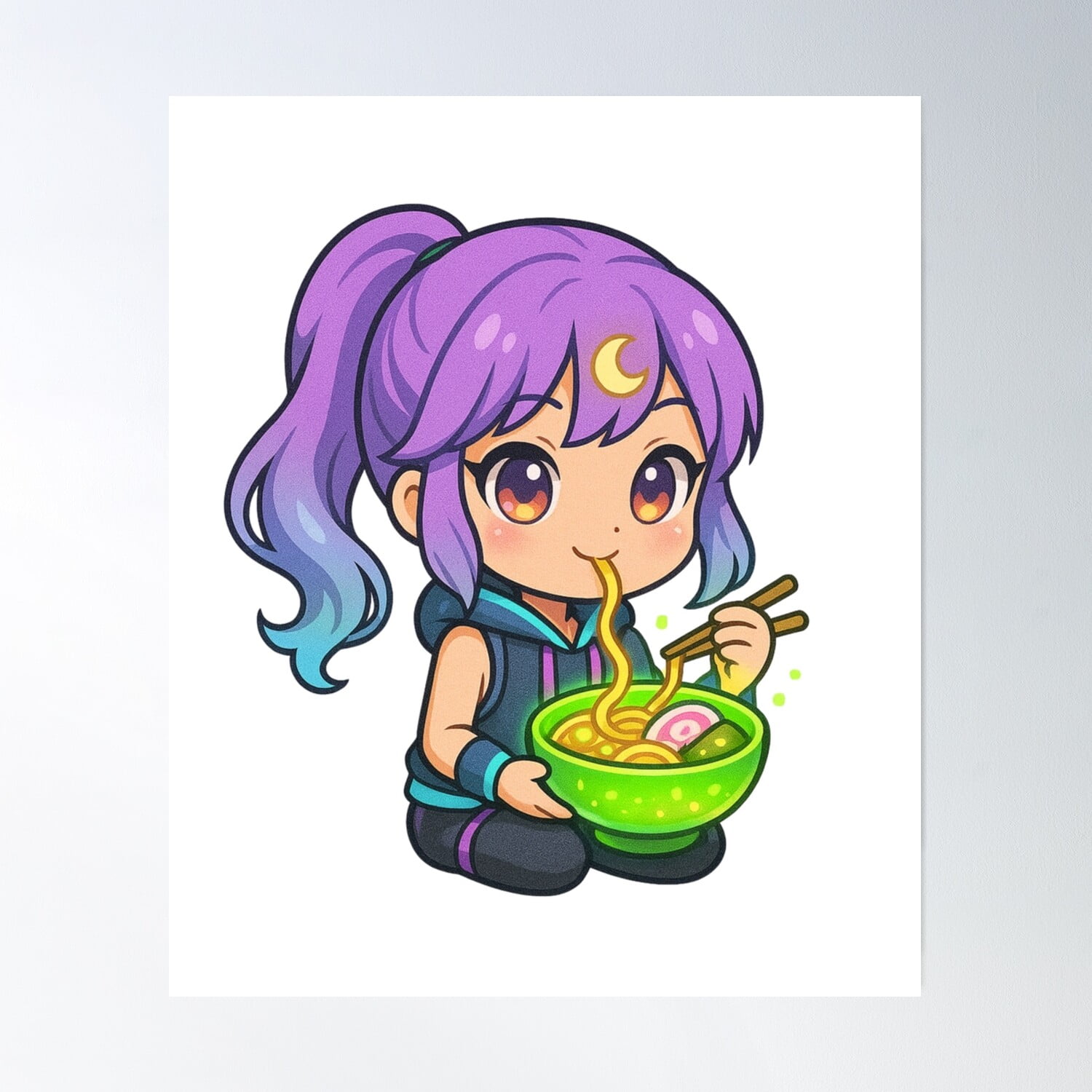 Chibi Moon Girl With Glowing Ramen – Kawaii Anime Lavender Hair Neon ...