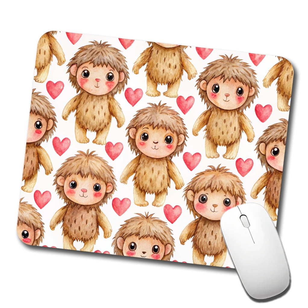 Chibi Sasquatch Big Foot Hearts Watercolor Mouse Pad Low Profile Gaming ...