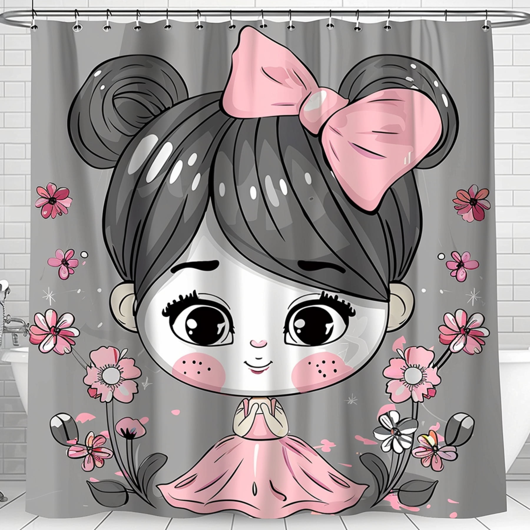 Chibi Style Cartoon Little Girl Pink Bow Shower Curtain Grey Background ...