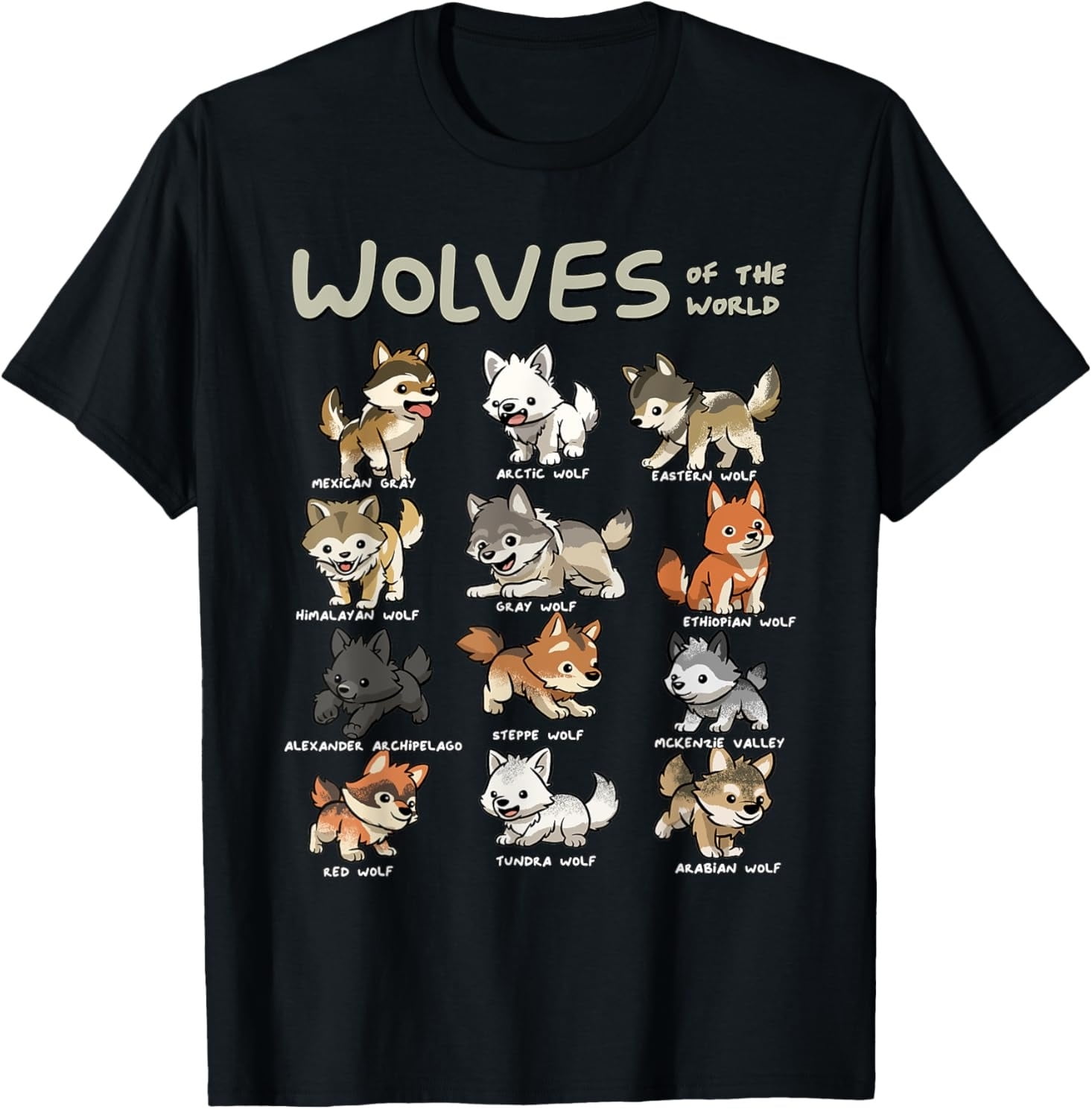 Chibi Wolf Lover T-Shirt Cute Wolves Animals of the World Themed Tee ...