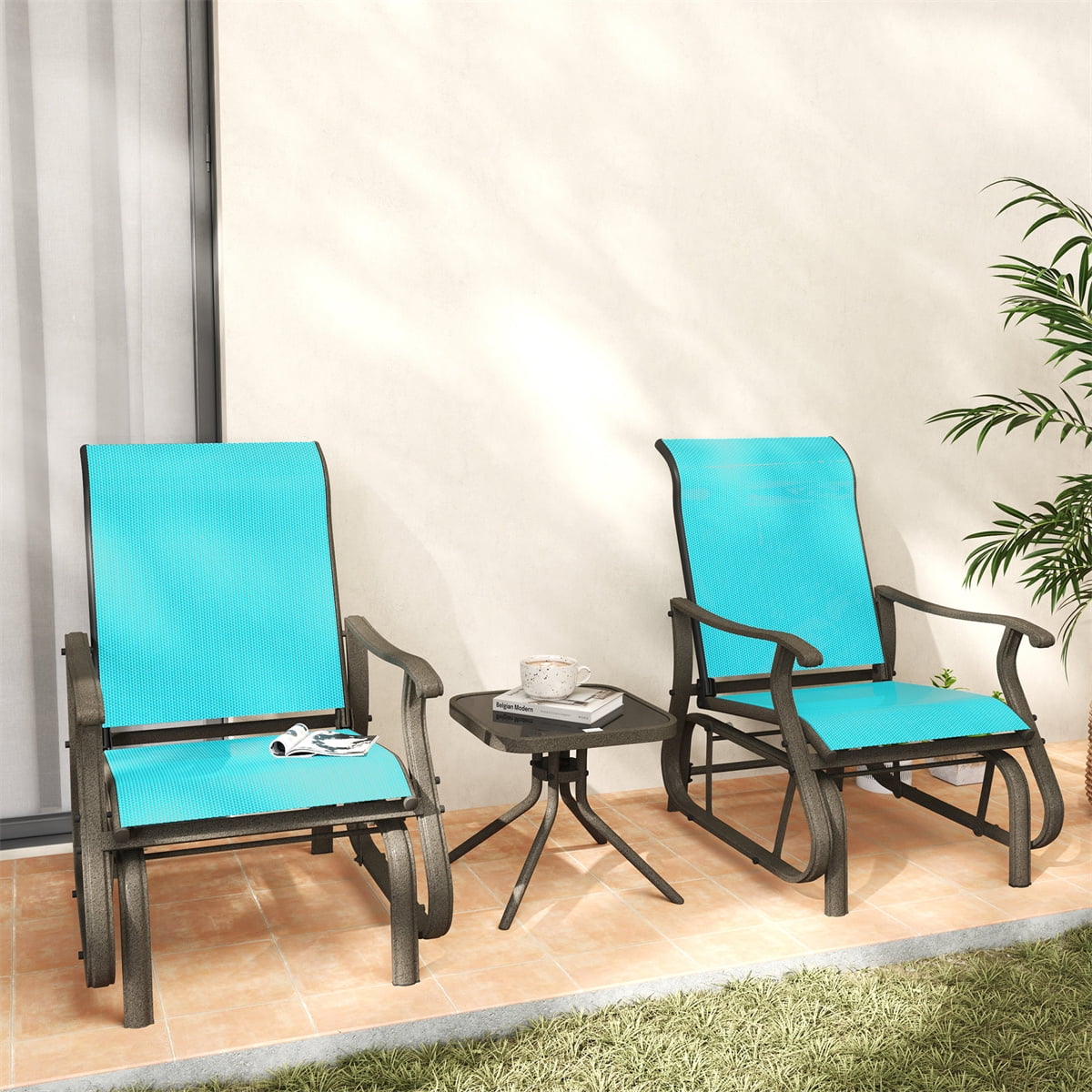 Chic 3-Pc Outdoor Patio Dining Set: Gliding Steel Mesh Chairs ...