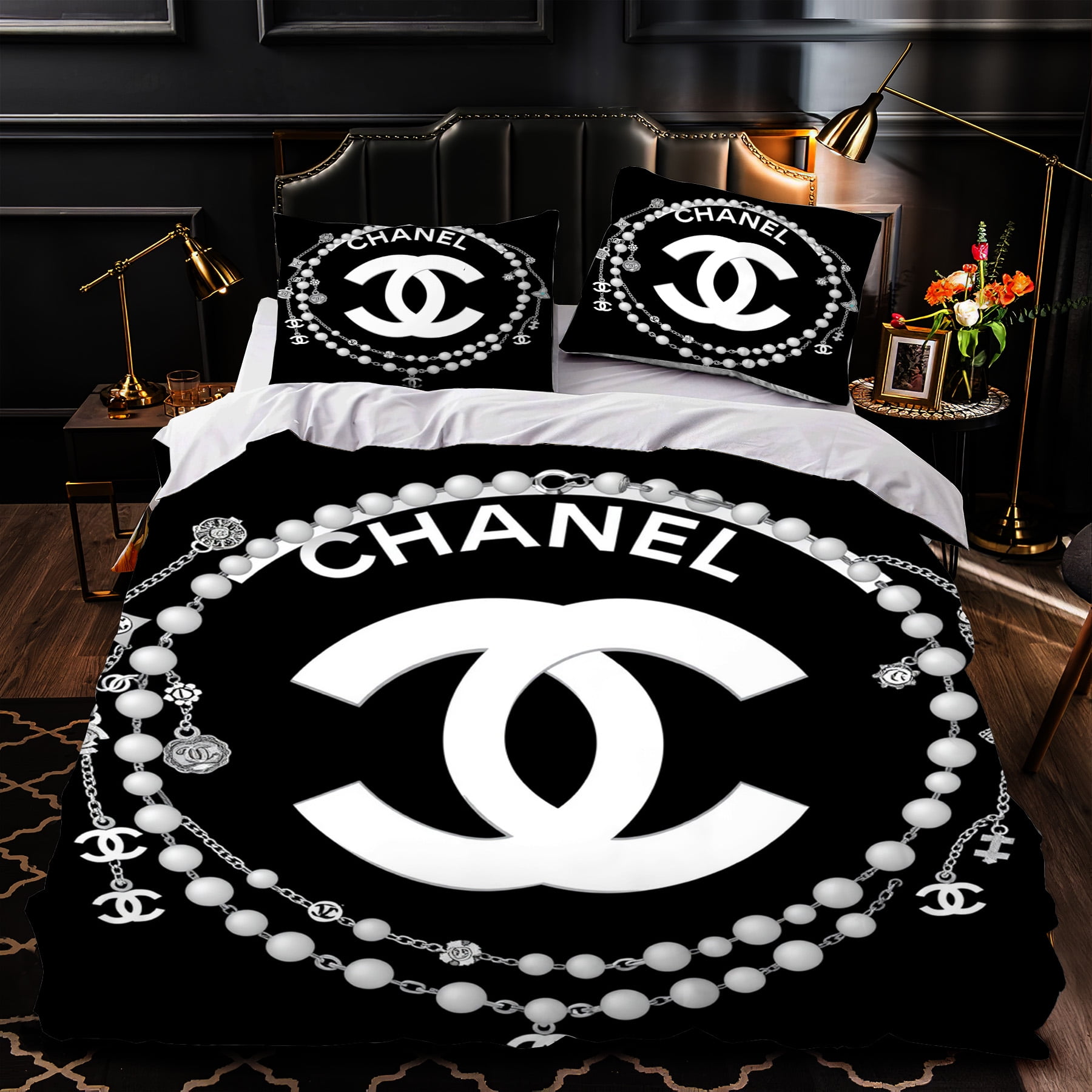 Chic 3-Piece Duvet Cover Set - Black & White Design with Chain Accents ...