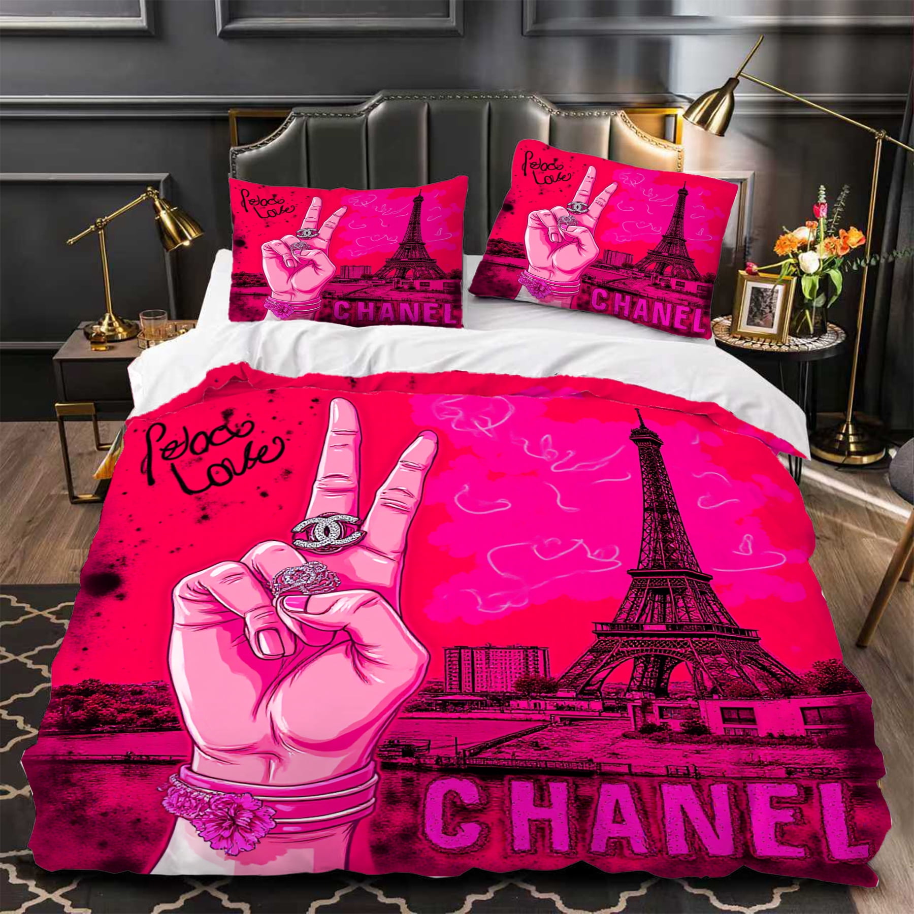 Chic 3-Piece Duvet Cover Set - Pink & Black Bedding with Peace Sign ...