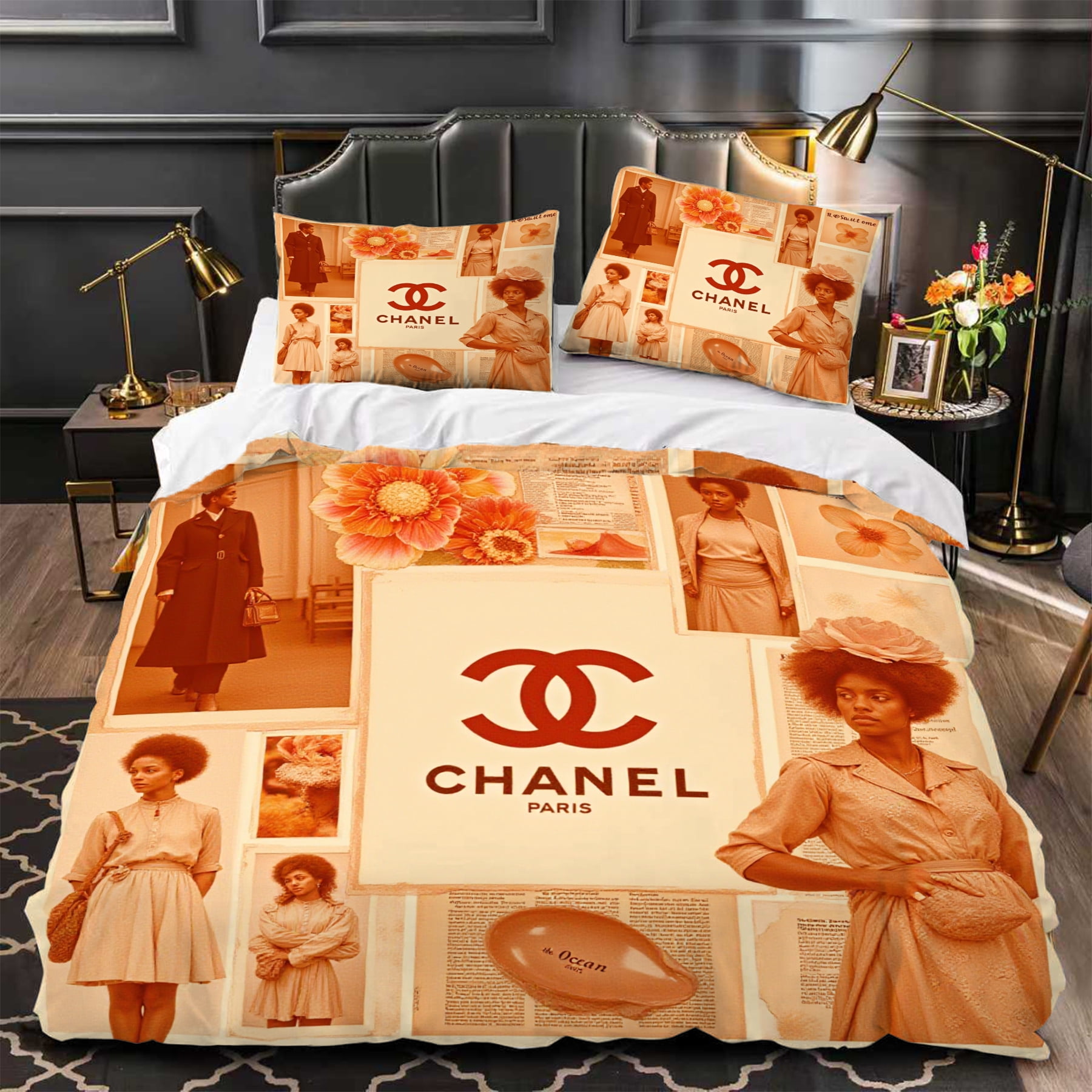 Chic 3-Piece Duvet Cover Set with Vintage Fashion Branding Featuring ...