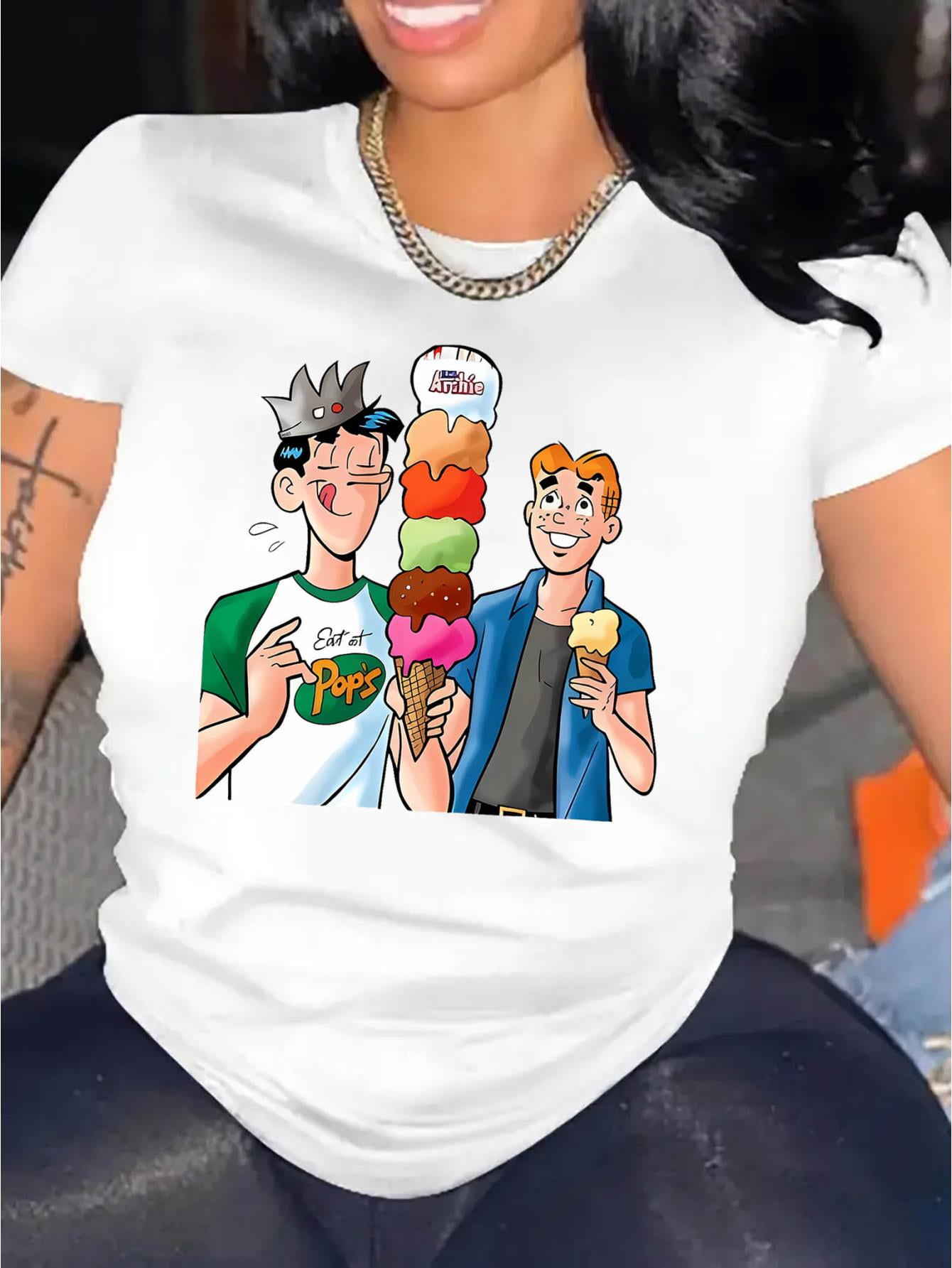 Chic Acacia Ice Cream Graphic Tee for Women - Casual Round Neck Short ...