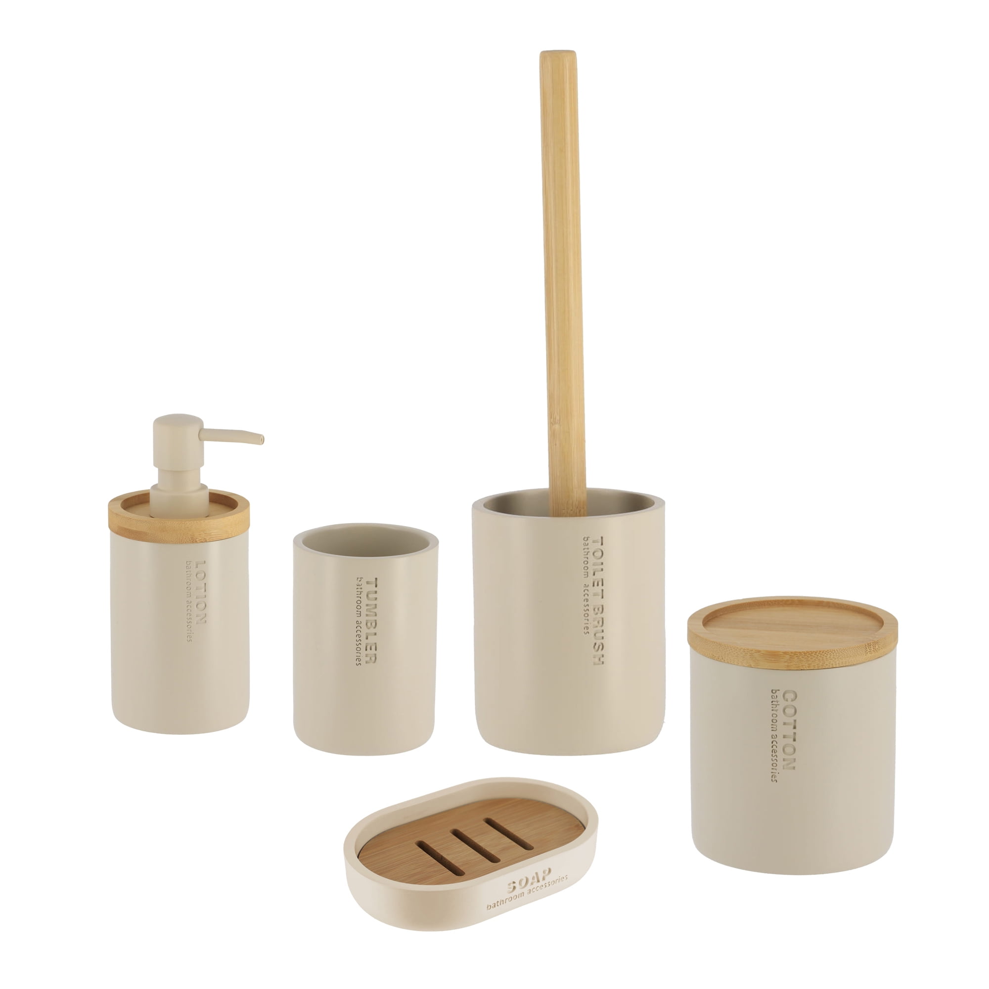 Chic Beige Bathroom Essentials Set with Natural Bamboo - 5 pieces ...