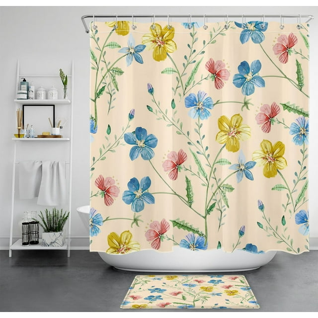 Chic Beige Plant Leaf Shower Curtain With Blue And Yellow Floral