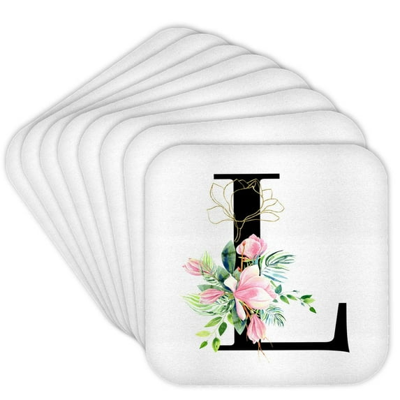 Chic Black Monogram Initial L With Pretty Pink Flowers, set of 8 ...