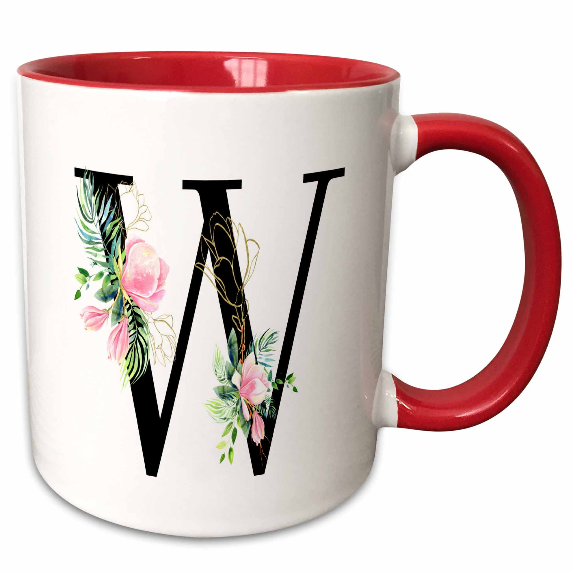 3drose, Chic Black Monogram Initial W with Pretty Pink Flowers, 11oz ...
