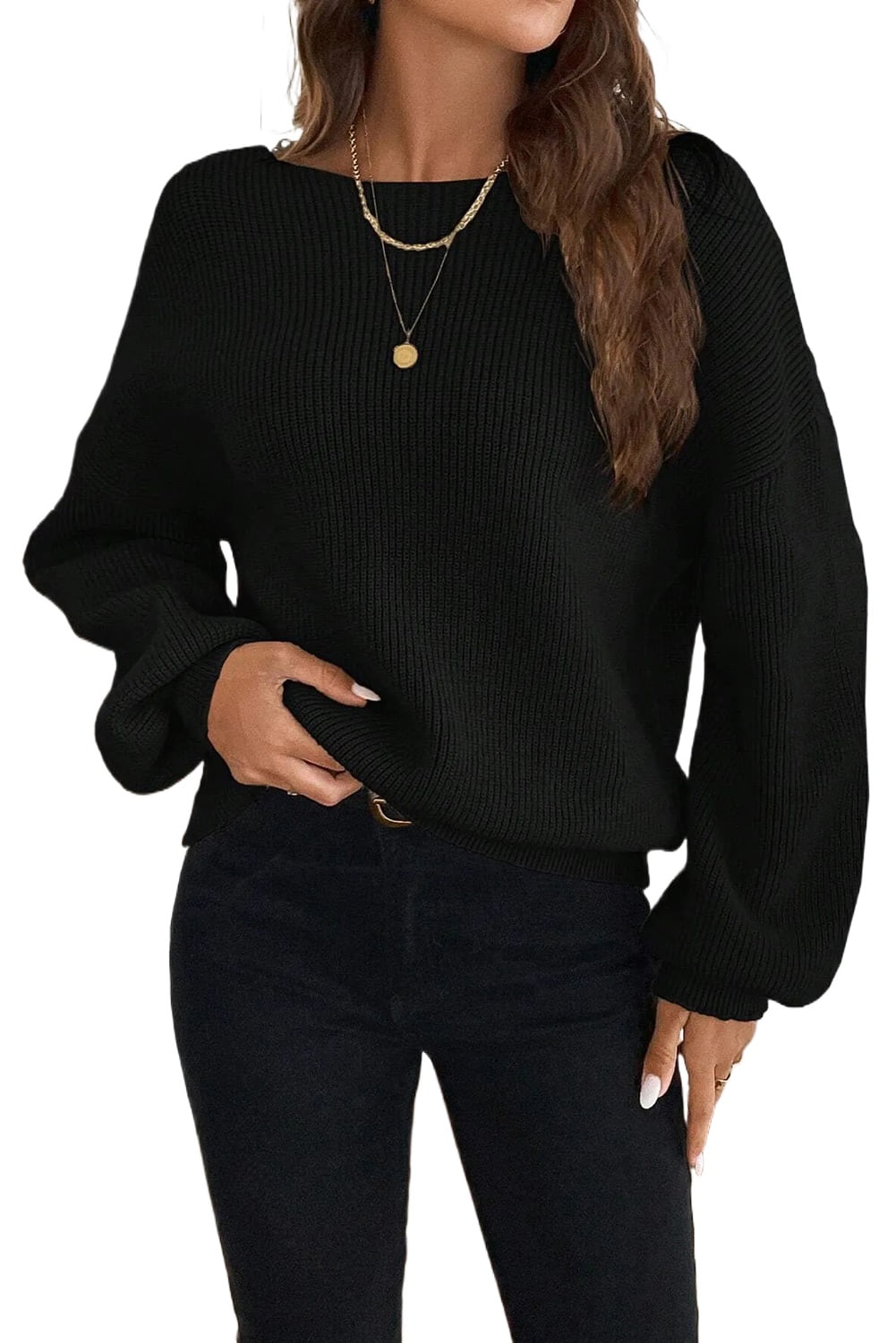 Chic Black Ribbed Knit Sweater for Women – Backless Drop Shoulder with ...