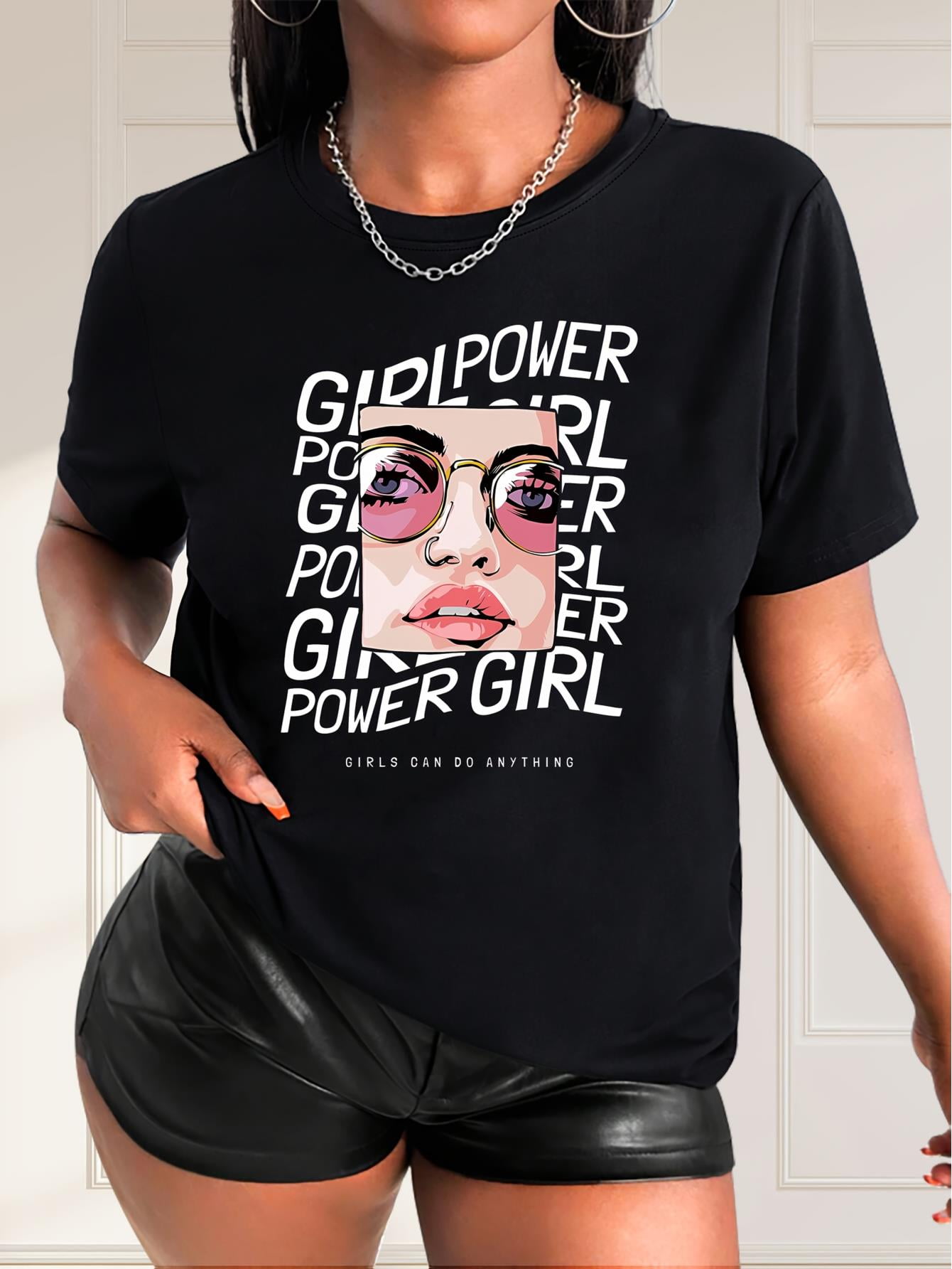 Chic Black Women's Casual Fashion Tee with Glasses & Letter Print ...
