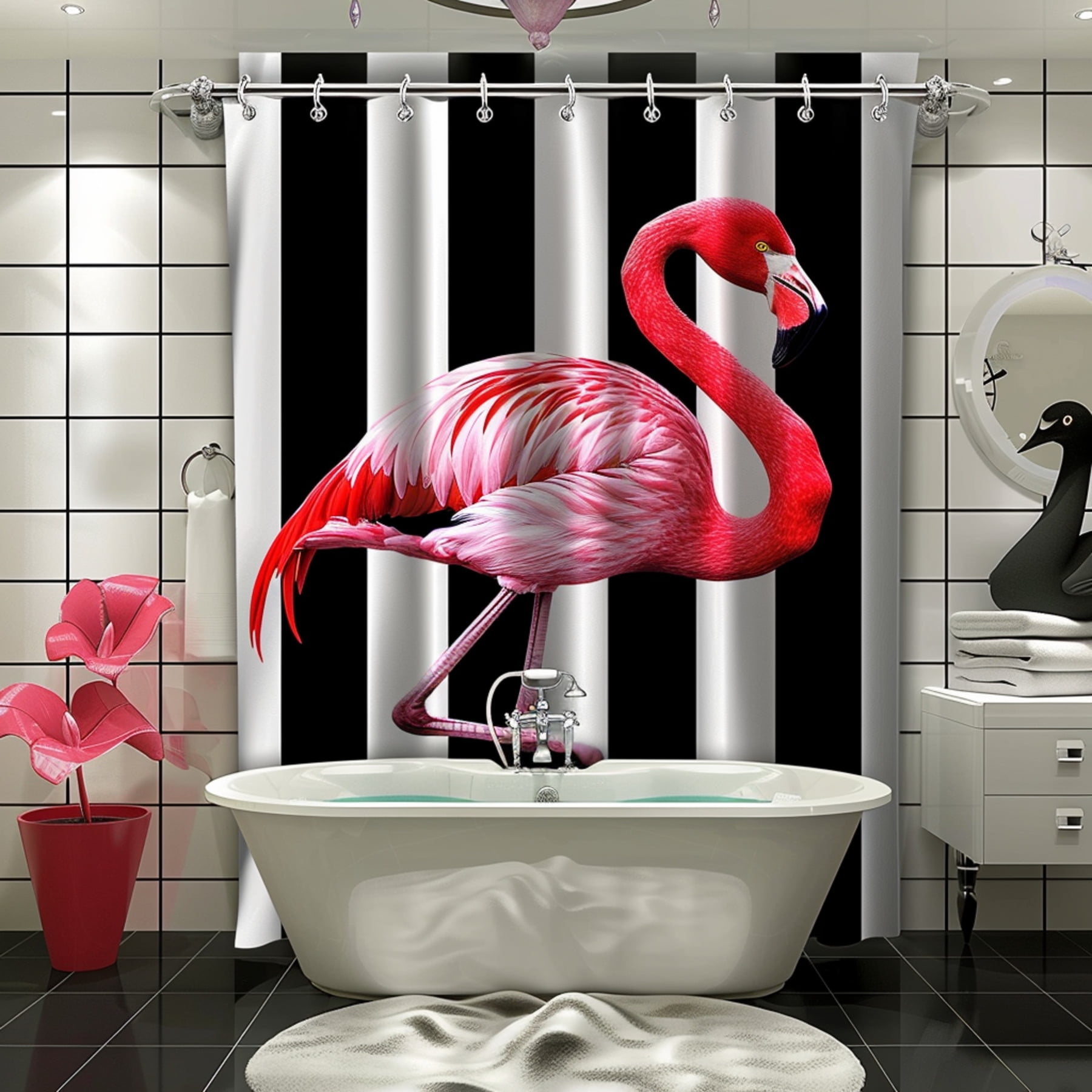 Chic Black and White Striped Flamingo Shower Curtain Pink Flamingos ...