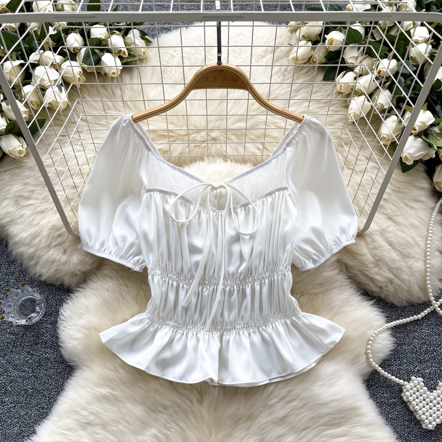 Chic Blouse for Women V Neck Solid Lace-up Puff Sleeve Elastic Waist ...