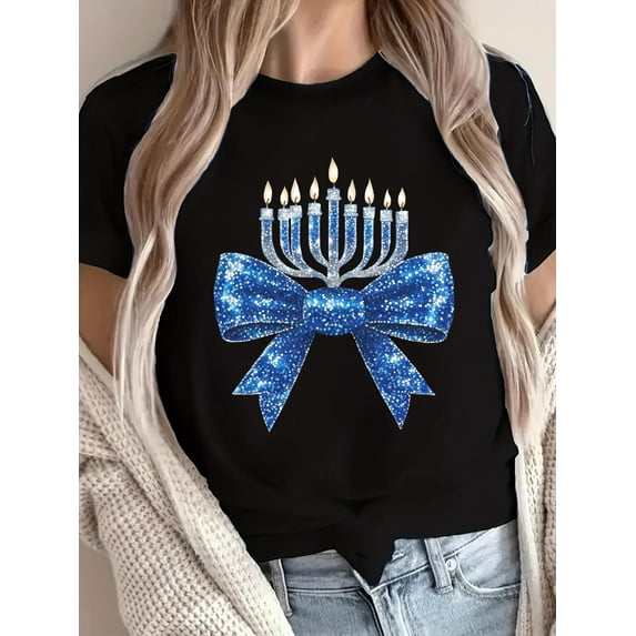 Chic Blue Bow & Candlestick Hanukkah Print T-Shirt for Women - Casual ...