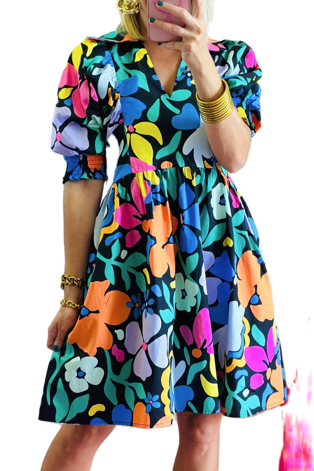 Chic Boho Style Short Sleeve Blue Floral Dress with Empire Waist ...