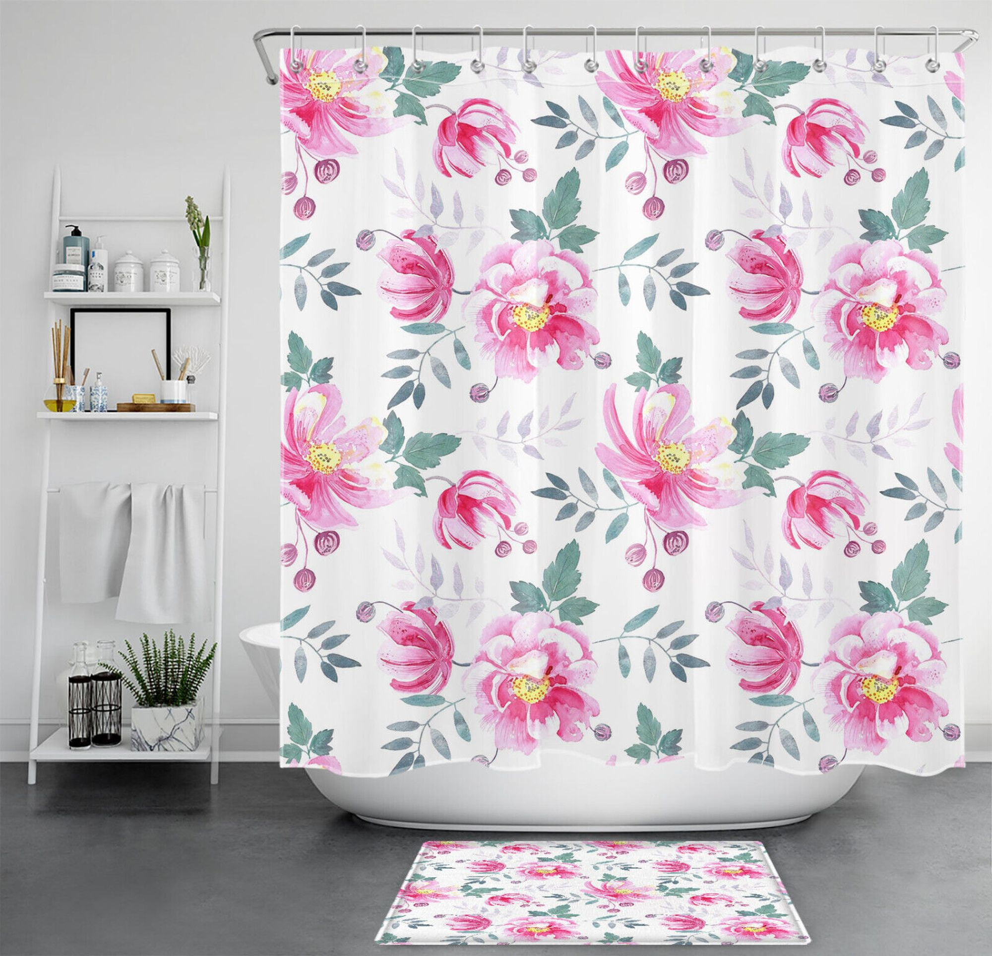 Chic Botanical Bliss Vintage Pink Floral Shower Curtain Set For A