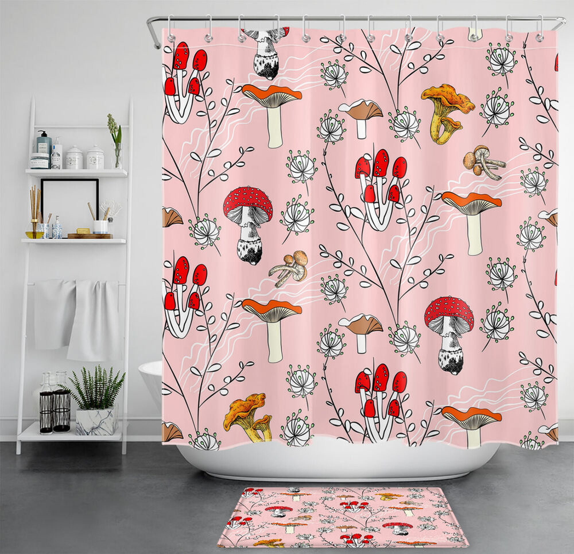 Chic Botanical Mushroom Shower Curtain Set In Black White Red And