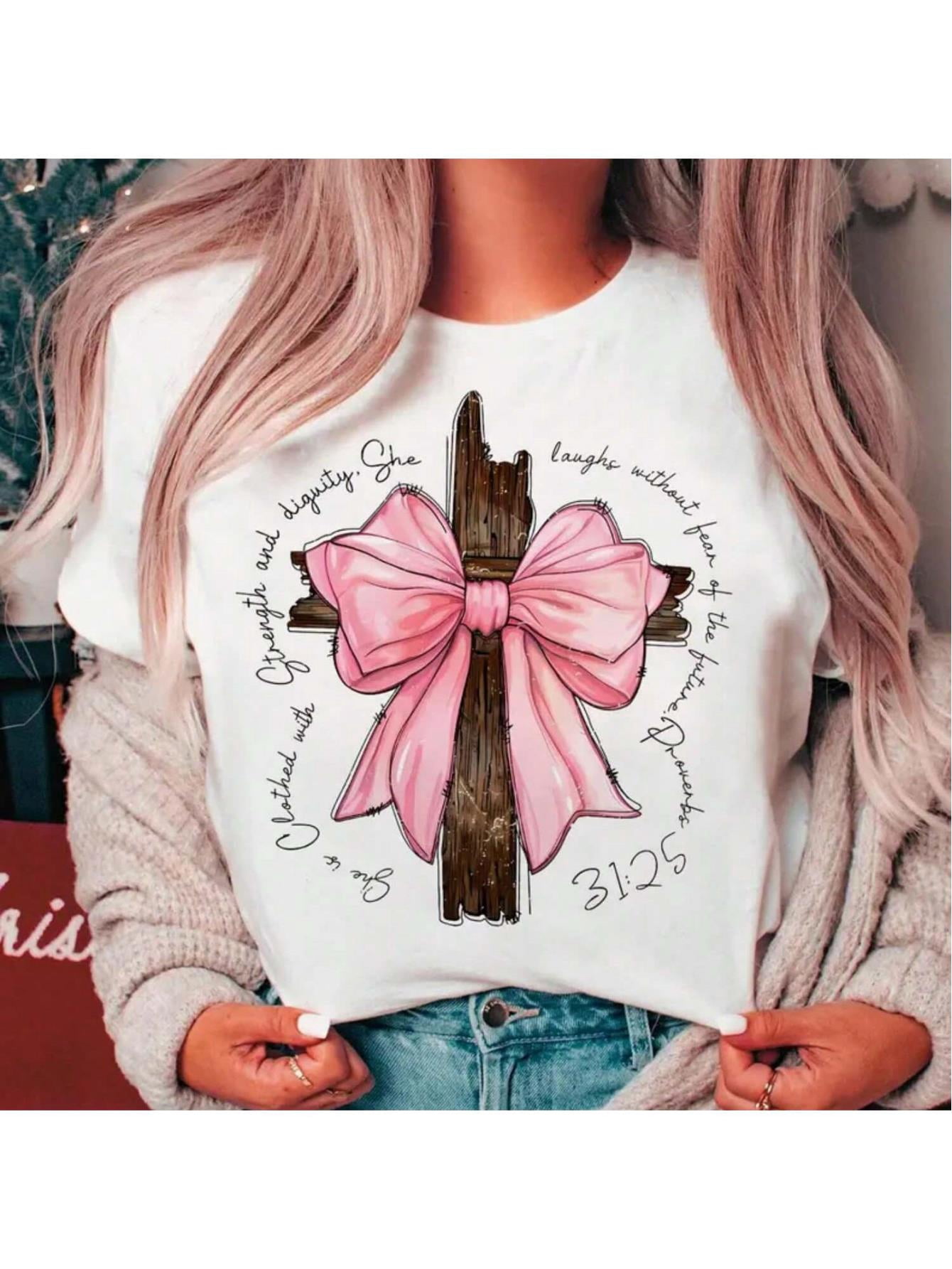 Chic Bow & Cross Graphic Tee for Women - Casual Crew Neck, Short Sleeve ...