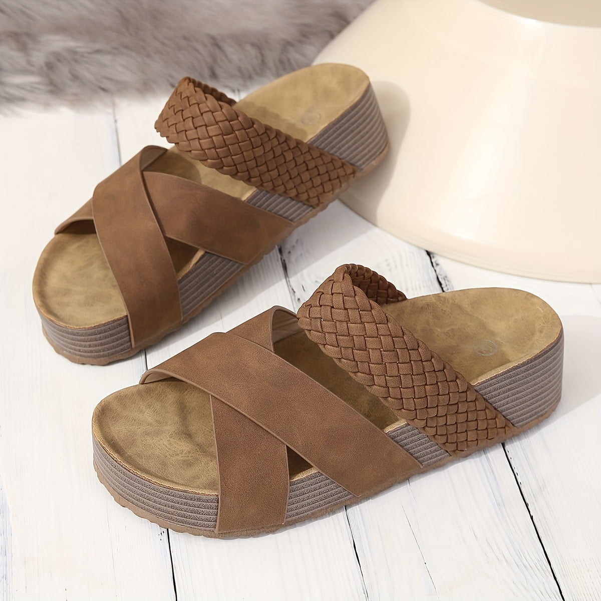 Chic Braided Wedge Sandals for Women – Slip-on Split Toe Beach Slides ...