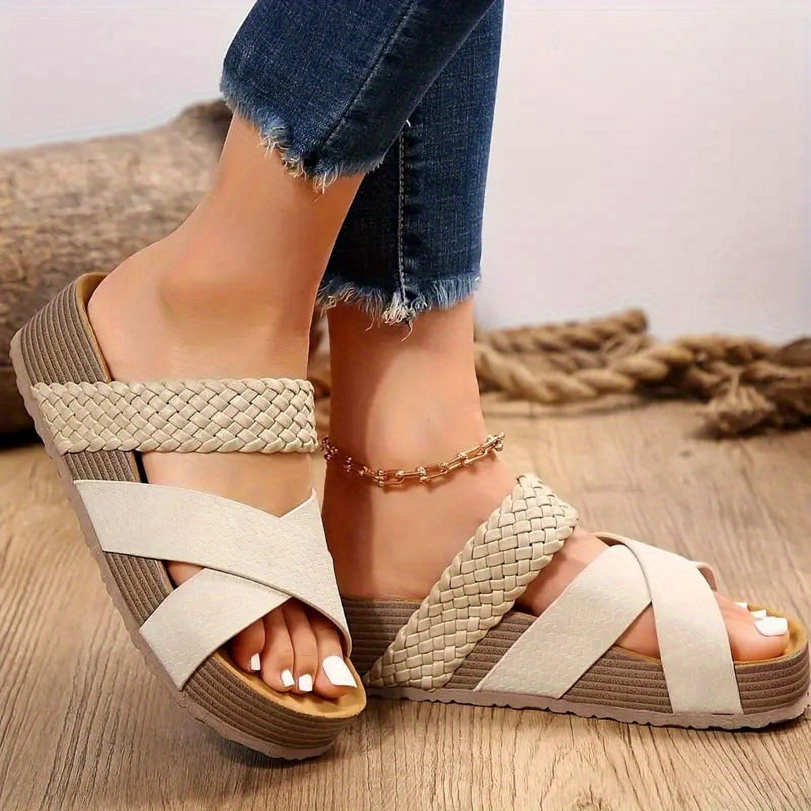 Chic Braided Wedge Sandals for Women – Slip-on Split Toe Beach Slides ...